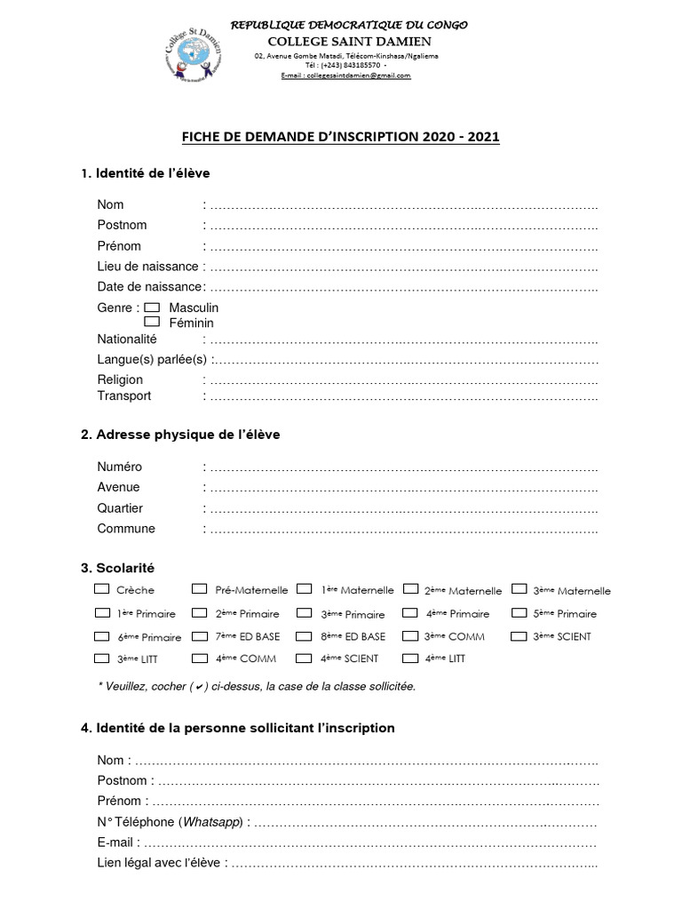 Fiche de Demande Dinscription 2020 2021 | PDF