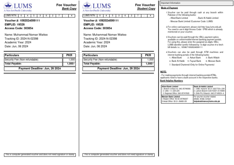 LUMS Fee Voucher for 2024 Payment | PDF | Voucher | Fee