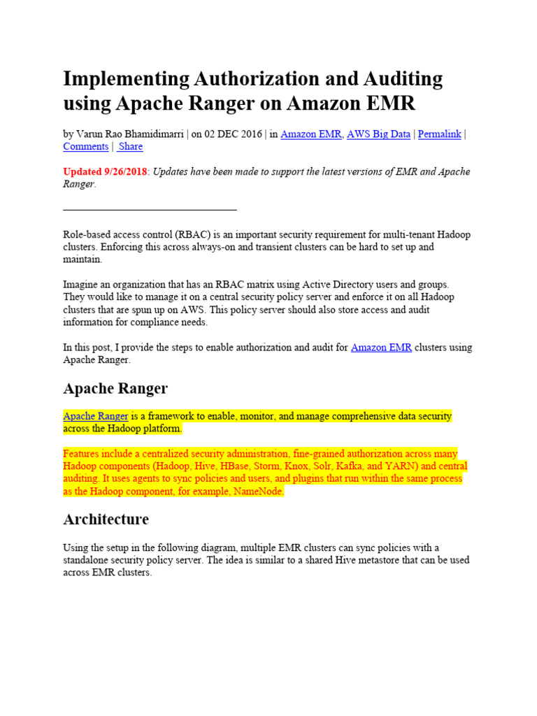 Implementing Authorization and Auditing Using Apache Ranger On Amazon EMR | PDF | Active ...