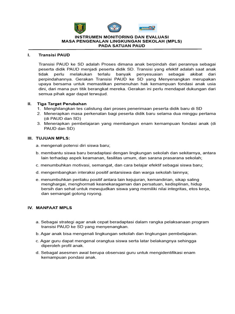Instrumen Monev MPLS PAUD | PDF