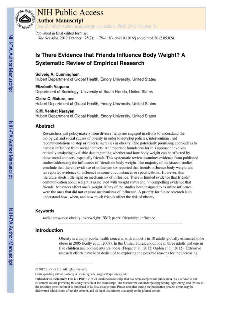 Is There Evidence That Friends Influence Body Weight A | PDF | Body ...