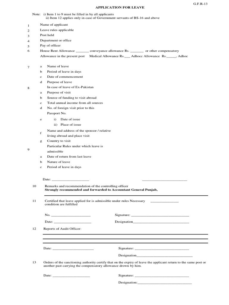 G.F.R-13 Leave Application Form | PDF | Government