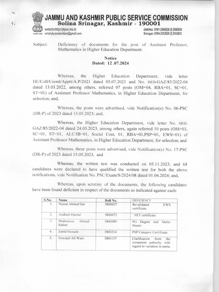 Deficiency of Documents For The Post of Assistant Professor Mathematics ...