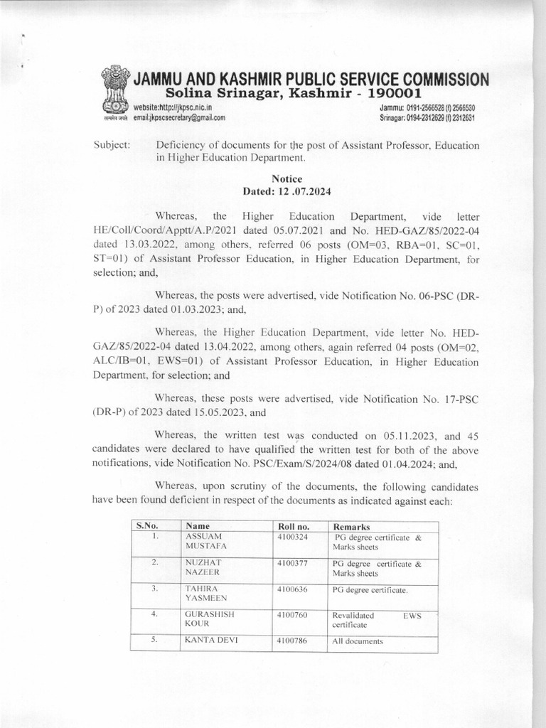 Deficiency of Documents For The Post of Assistant Professor Education ...