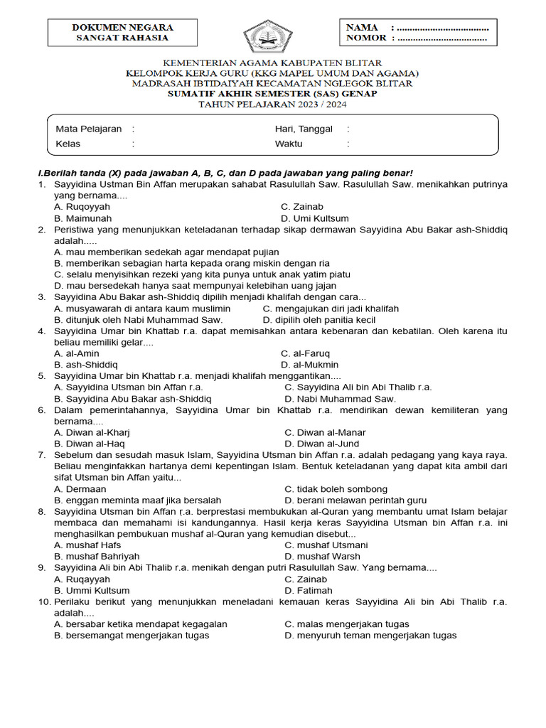 Soal Ski Kelas 5 | PDF | Agama & Spiritualitas