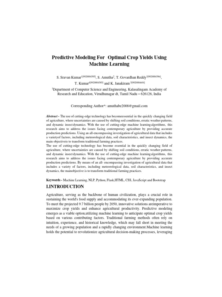 Predictive Modeling For Optimal Crop Yields Using Machine Learning | PDF | Regression Analysis ...