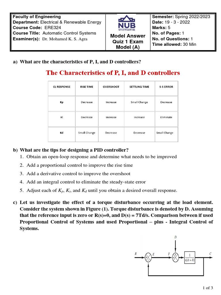 ERE324 - Model Answer Quiz 1 Exam - A | PDF | Control Engineering | Mechanics