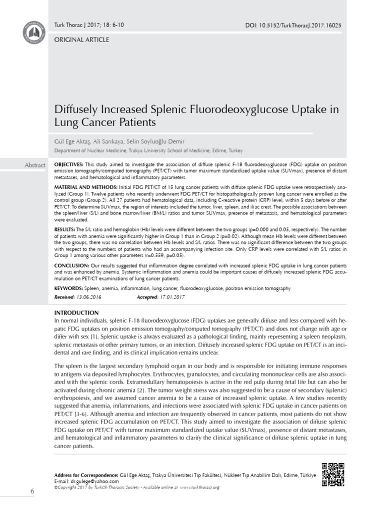 Diffusely Increased Splenic Fluorodeoxyglucose Uptake in Lung Cancer ...