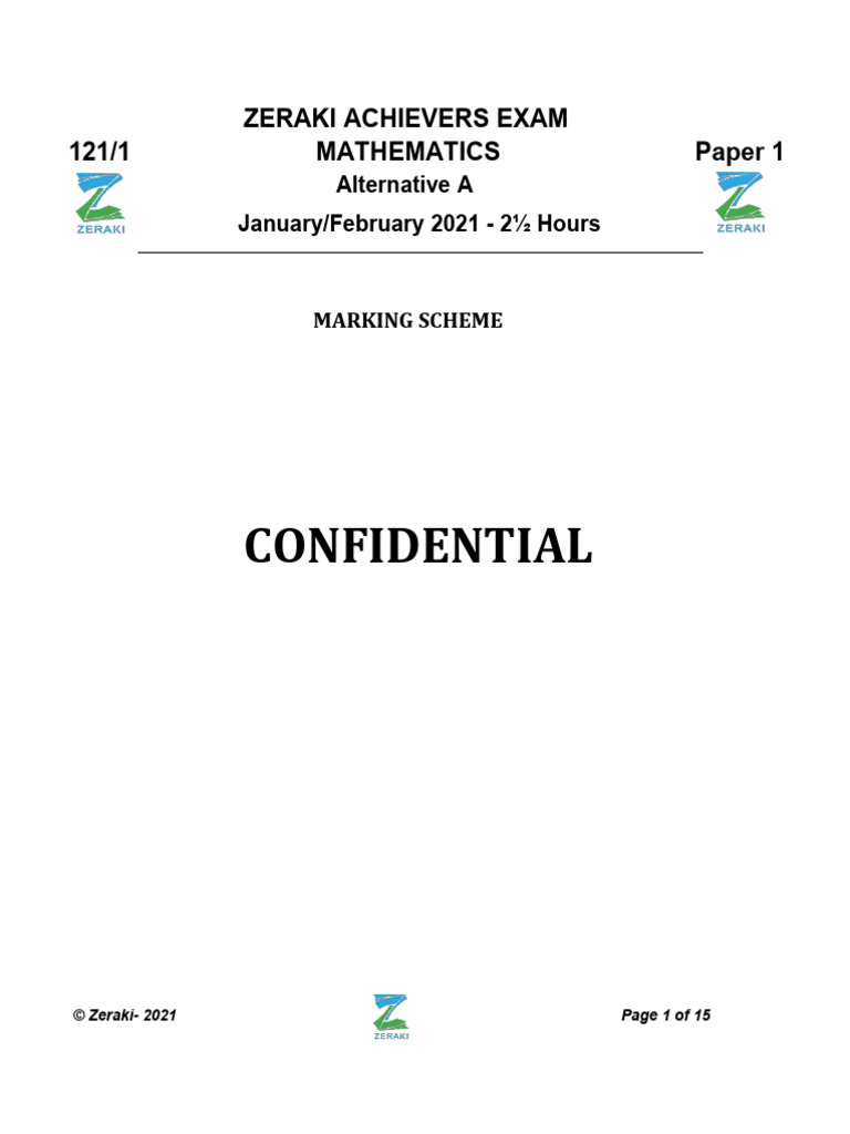 Mathematics Form 3 Paper 1 Marking Scheme Zeraki Achievers 1 0 December 2020 Pdf