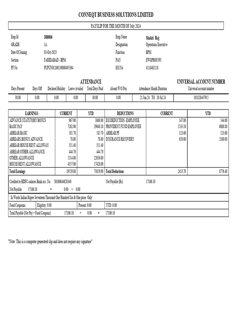 Pay slip July 2024 | PDF | Government Finances | Taxes