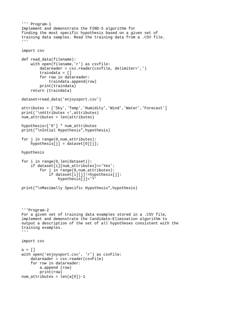 FIND-S and Candidate-Elimination Algorithms | PDF | Algorithms | Computer Programming