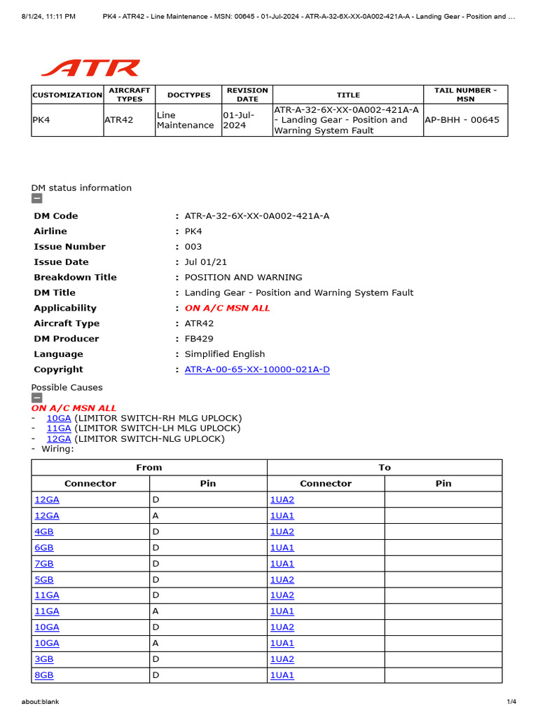 PK4 - ATR42 - Line Maintenance - MSN - 00645 - 01-Jul-2024 - ATR-A-32 ...