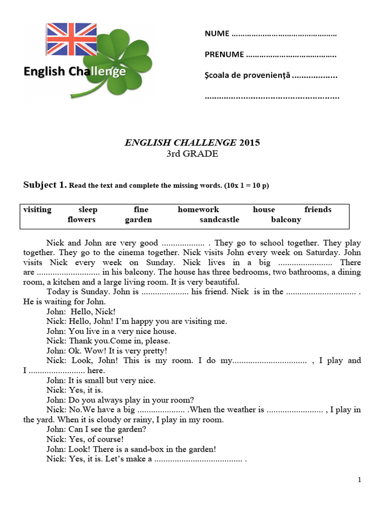 3rd Grade English Challenge 2015 | PDF