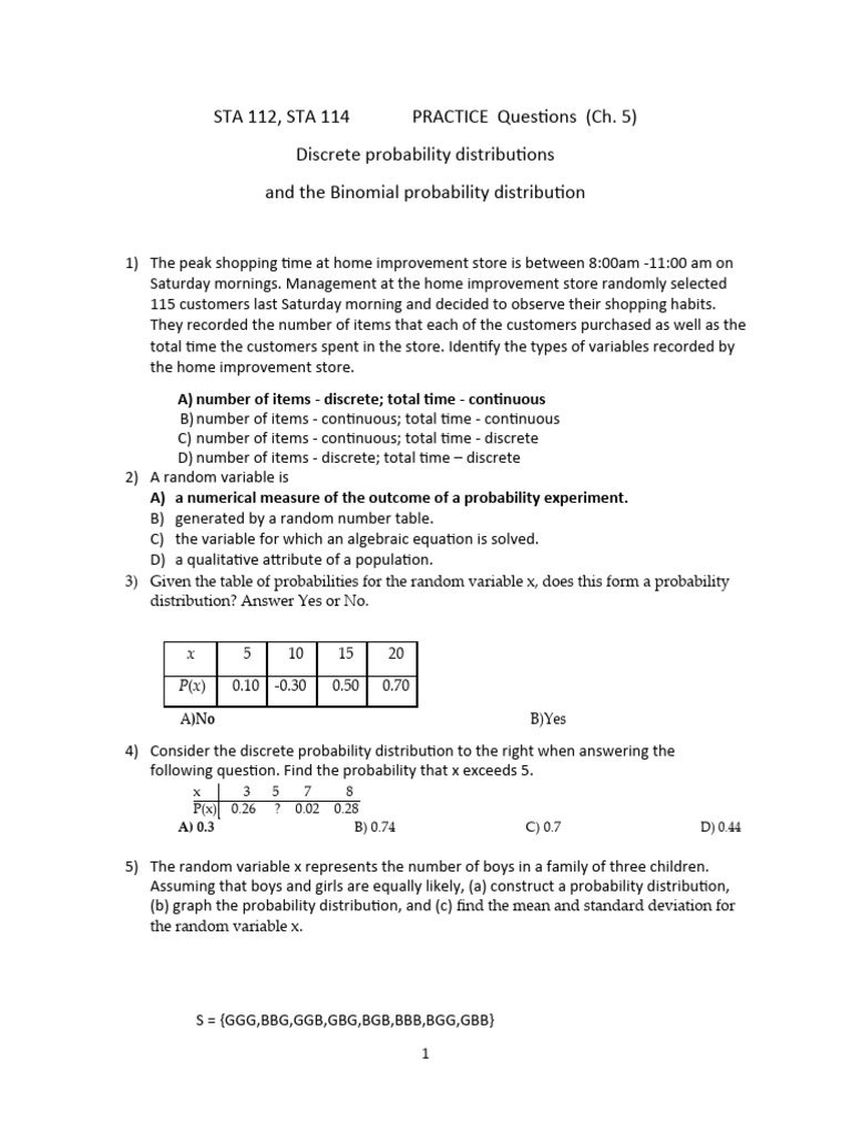 Chapter 5 Practice Exercises Discrete and Binomial Distributions (Ch.5 ...