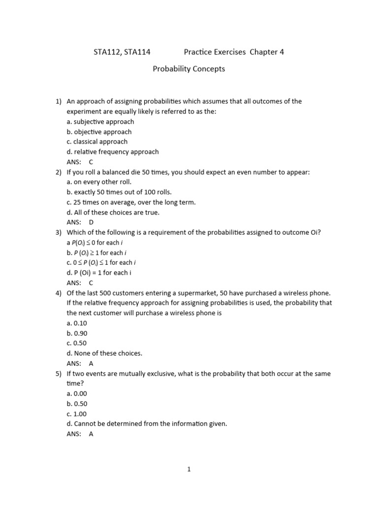 Chapter 4 Practice Questions On Probability Concepts With Answer Key. | PDF | Probability ...