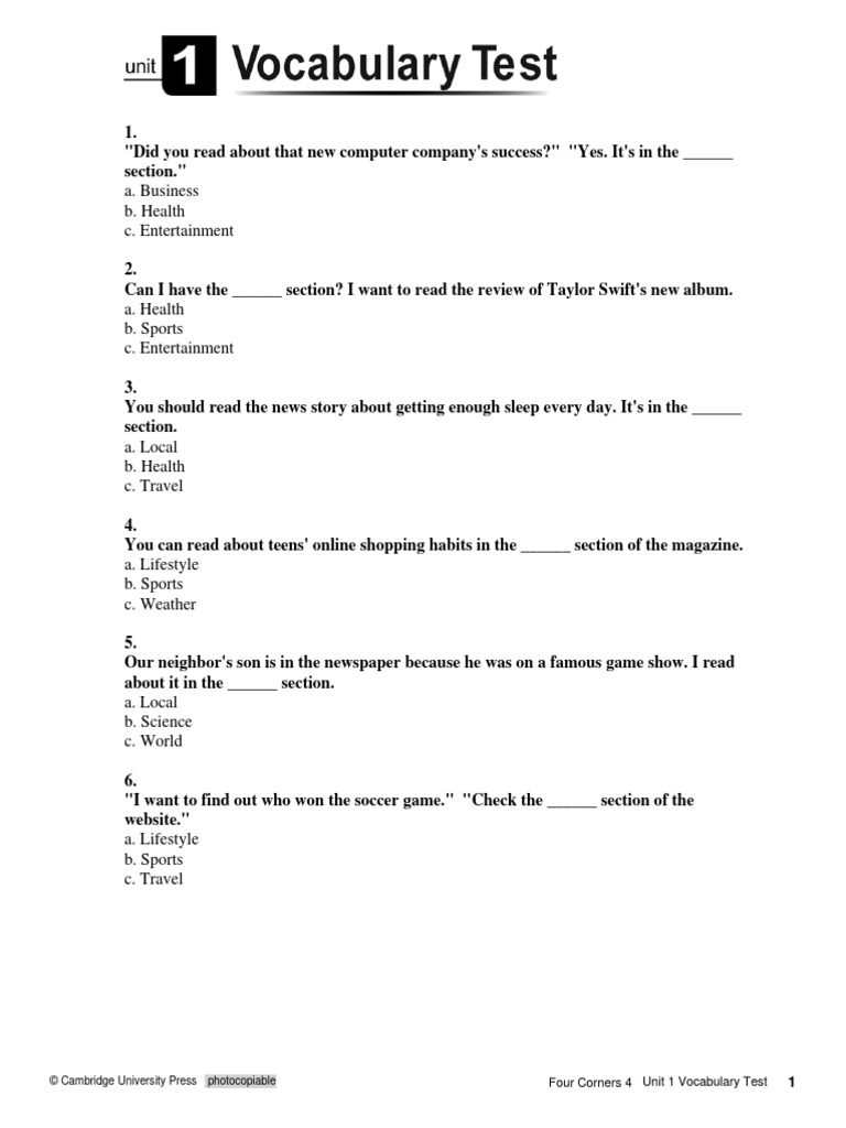 Four Corners 2e Level 4 Unit 01 Vocabulary Test | PDF
