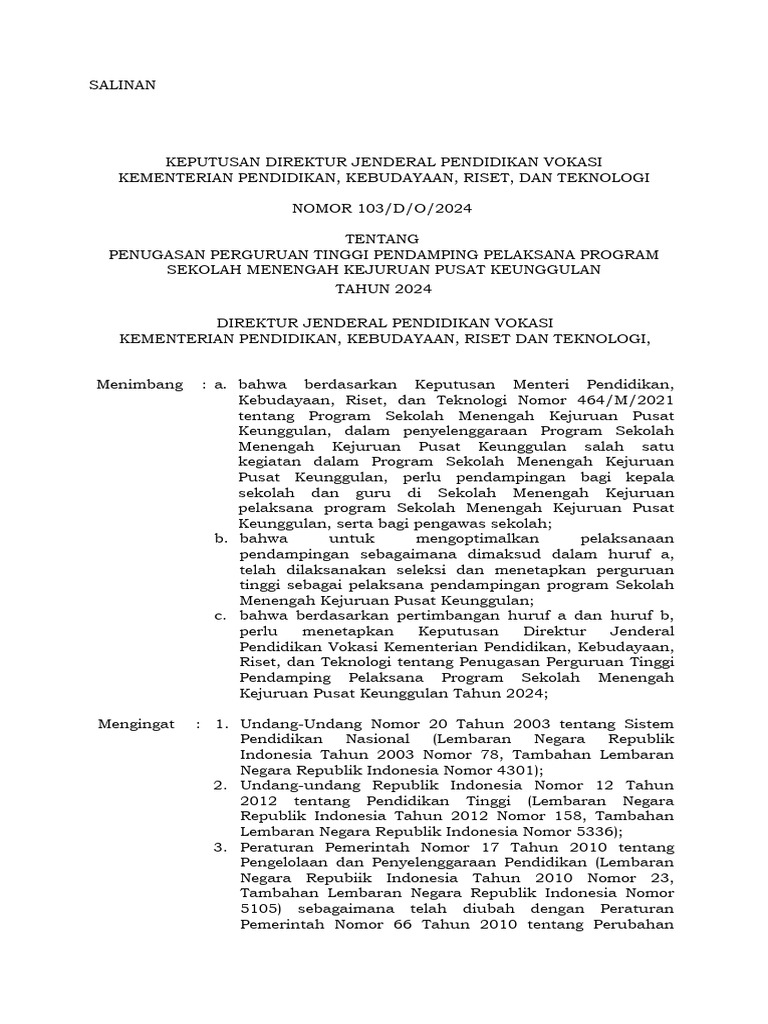 103.SK Dirjen_Penugasan Perguruan Tinggi Pendamping Pelaksana SMK PK Tahun 2024 | PDF