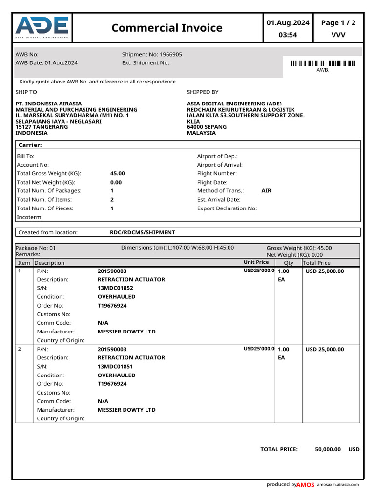 Commercial Invoice for Aircraft Parts | PDF | Aviation | Transport