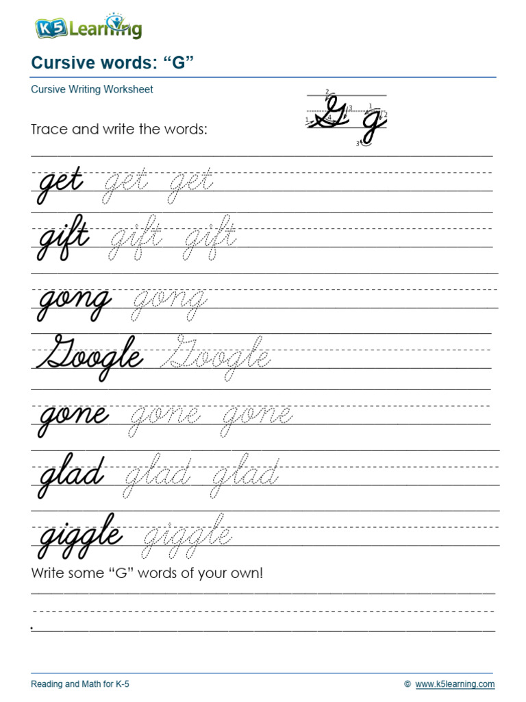 Cursive Writing Worksheet for "G" Words | PDF