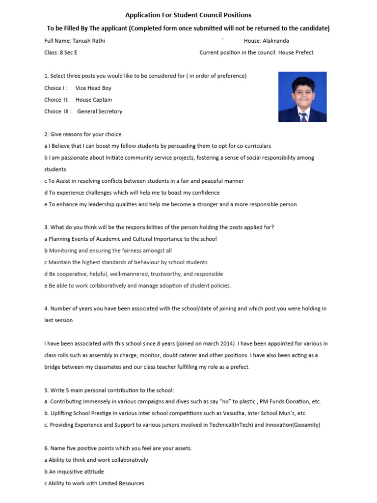 Student Council Application Form | PDF | Disciplines | Teachers