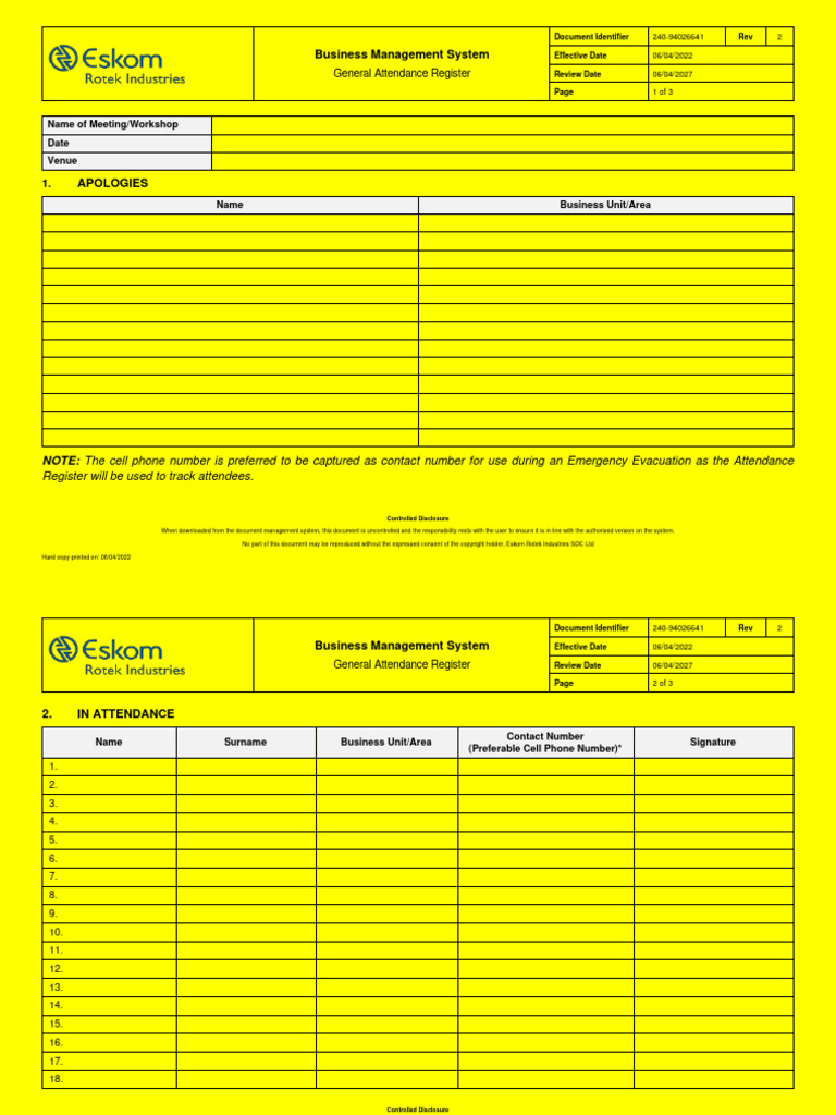 General Attendance Register | PDF | Copyright Law | Freedom Of ...