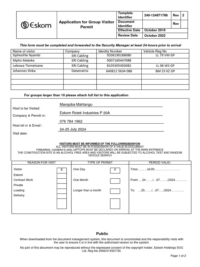 Application For Group Visitor Permit 24-25 July | PDF