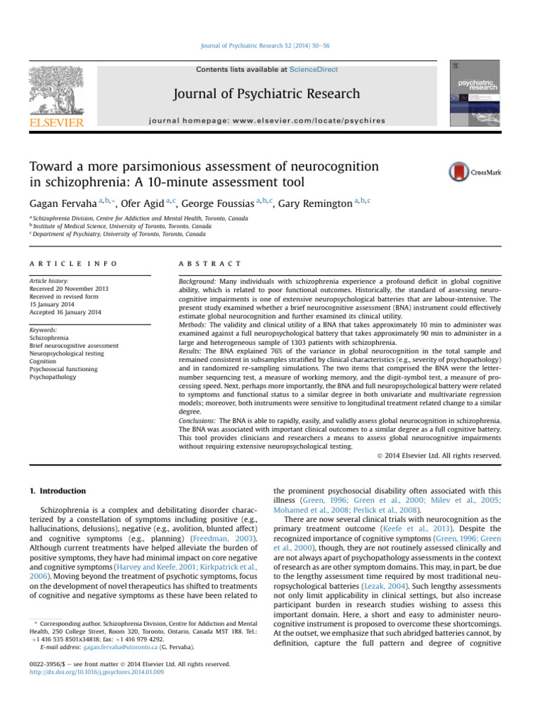 Toward A More Parsimonious Assessment of Neurocognition in ...