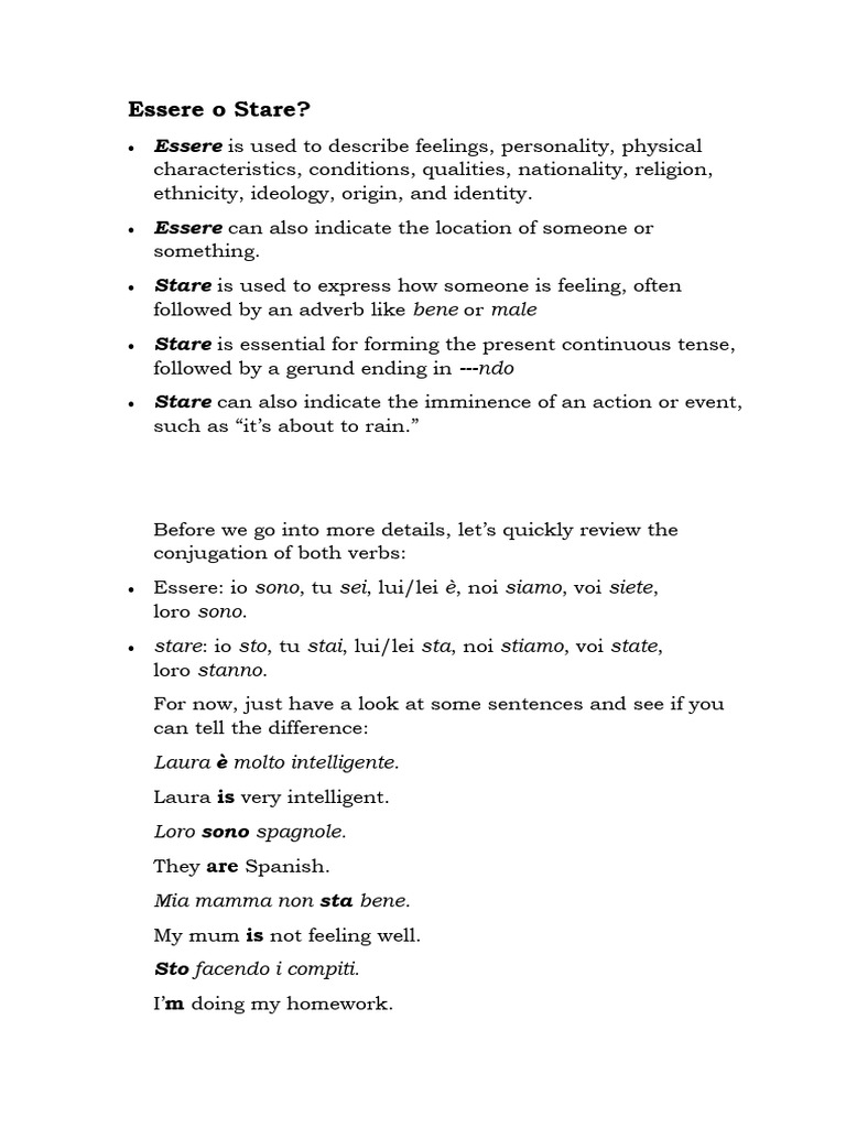 Essere vs Stare: Italian Verb Guide | PDF | Language Mechanics ...