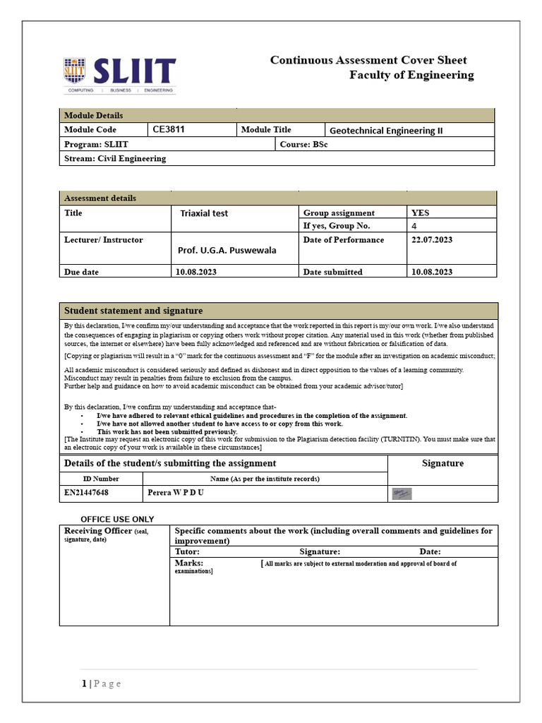 Continuous Assessment Cover Sheet Faculty of Engineering | PDF ...