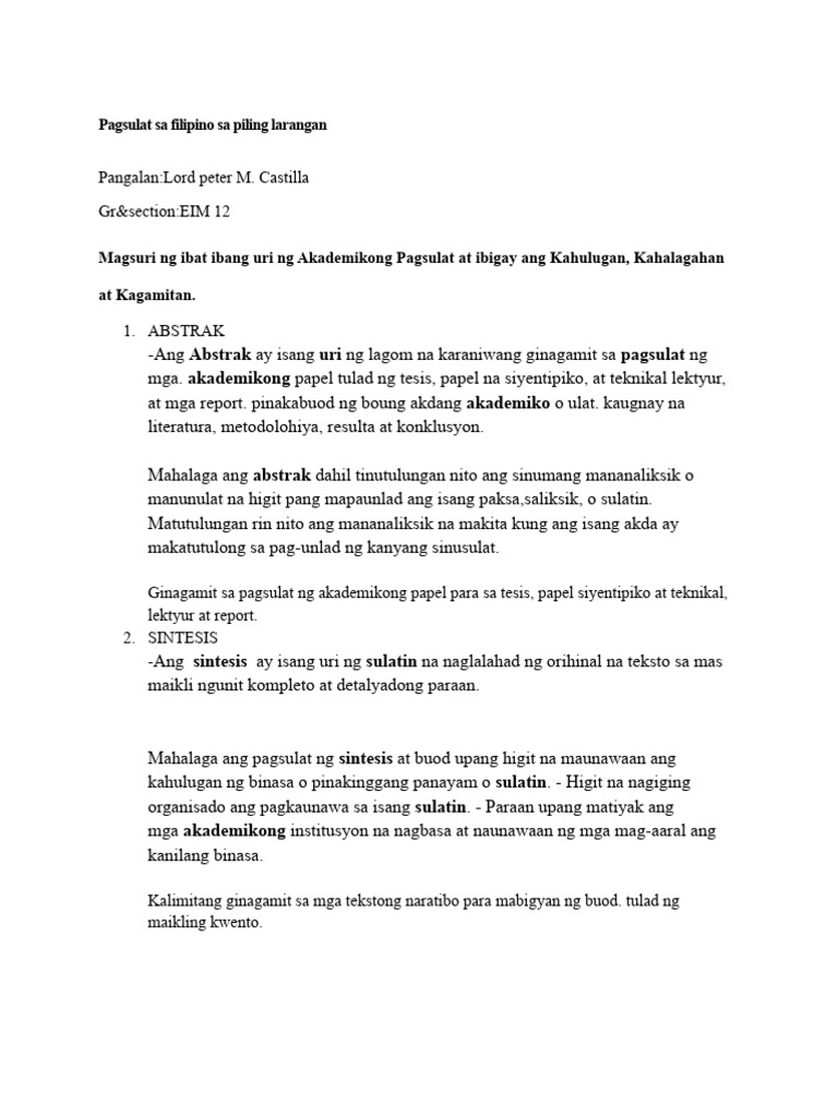 Pagsulat Sa Filipino Sa Piling Larangan | PDF
