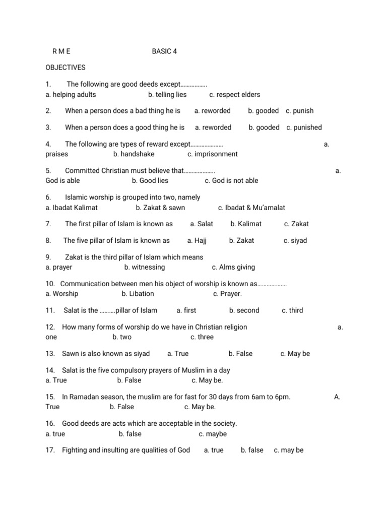Good Deeds and Religious Education Quiz | PDF | God | Abrahamic Religions