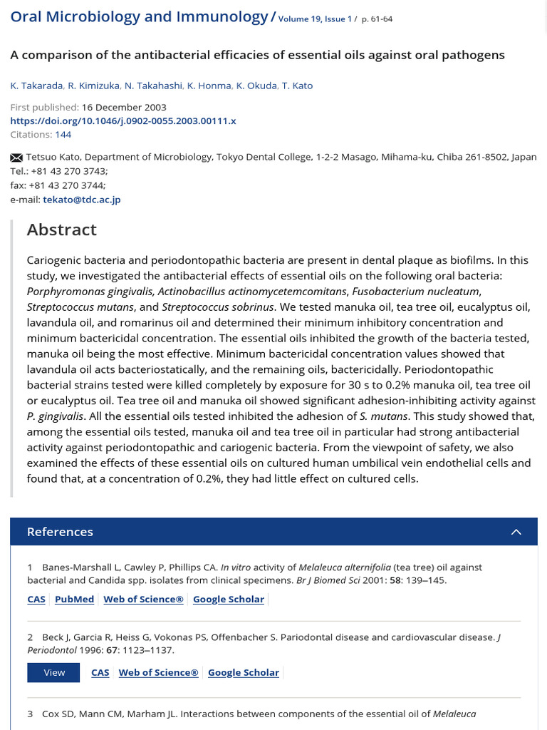 A Comparison of The Antibacterial e Cacies of Essential Oils Against Oral Pathogens | PDF ...