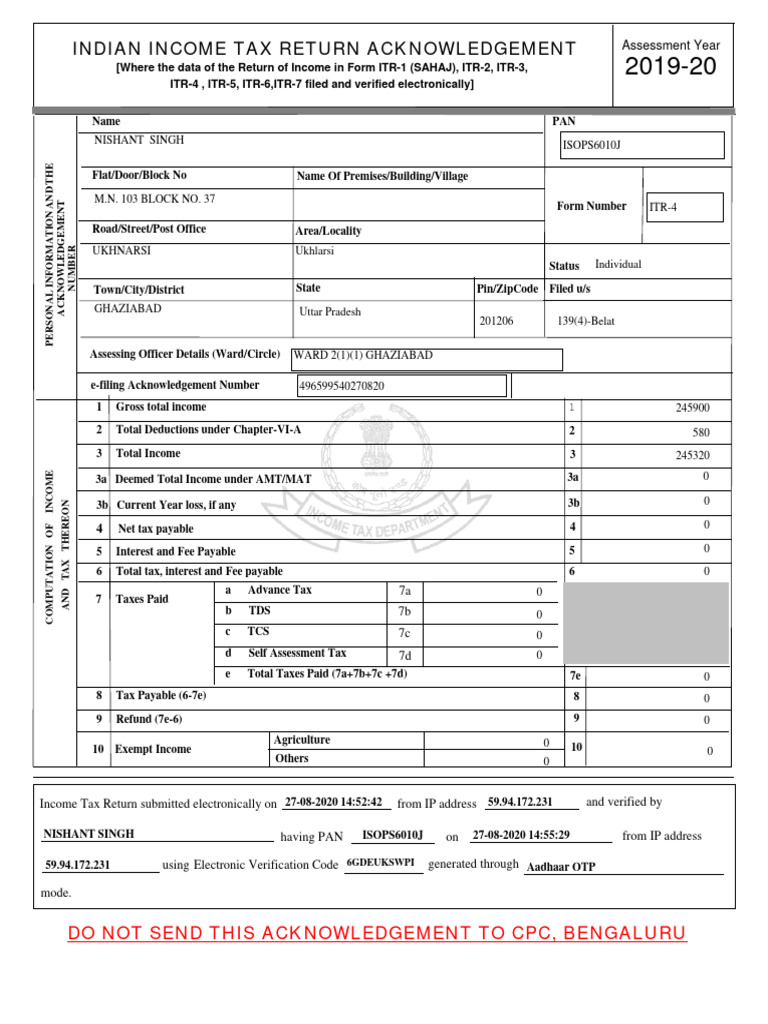 Itr-V Isops6010j 2019-20 496599540270820 | PDF | Taxes | Economies