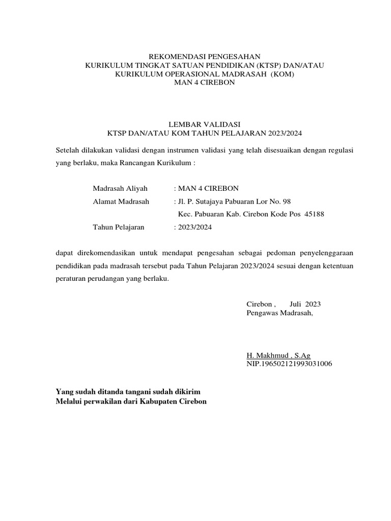 Validasi Dan Rekomendasi Kurikulum 2023 Aliyah-1 | PDF