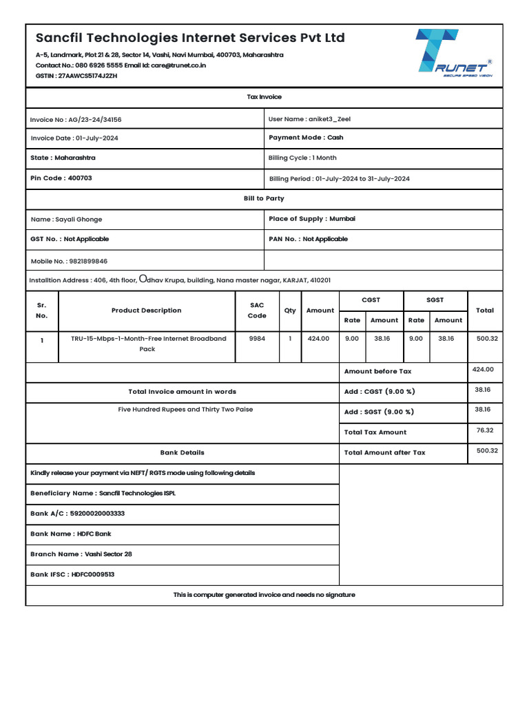 July 2024 Internet Bill | PDF | Invoice | Service Industries