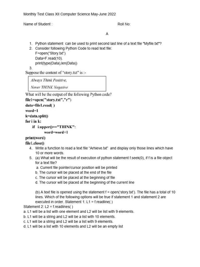 Monthly Test Class XII CS May June | PDF | Computer File | Text File