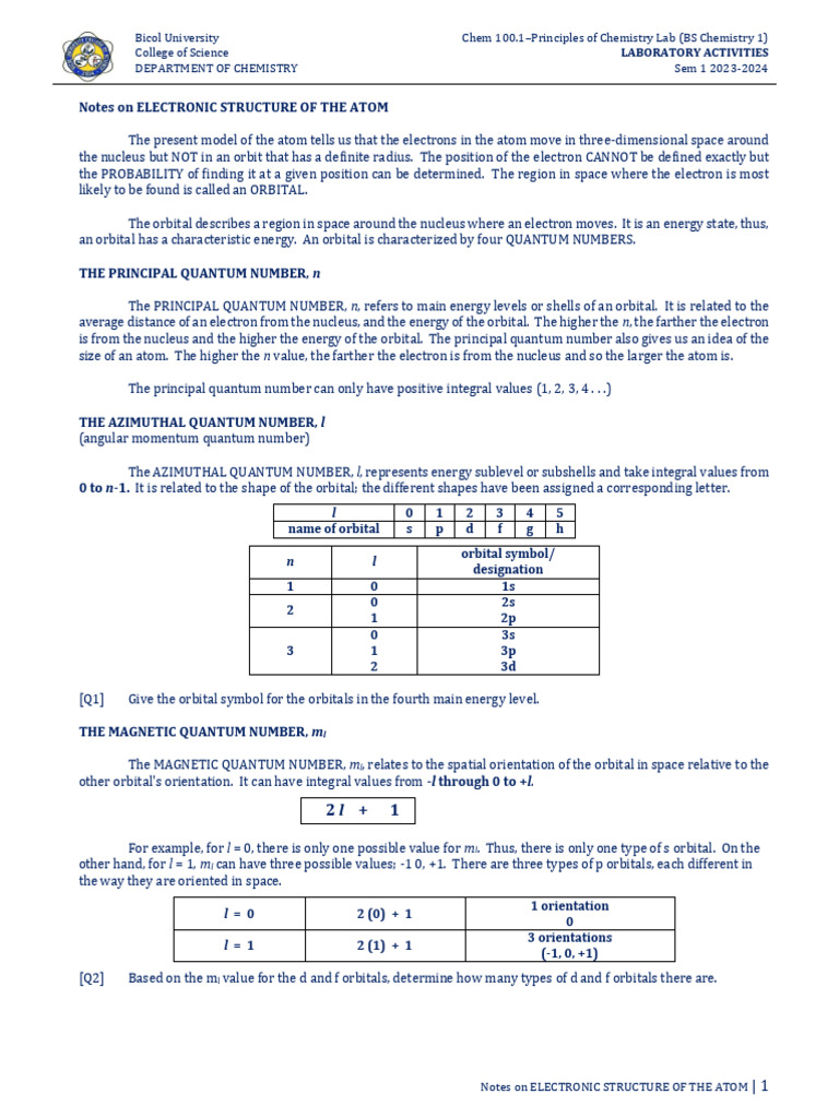 Notes On Electronic Structure of The Atom | PDF | Atomic Orbital ...