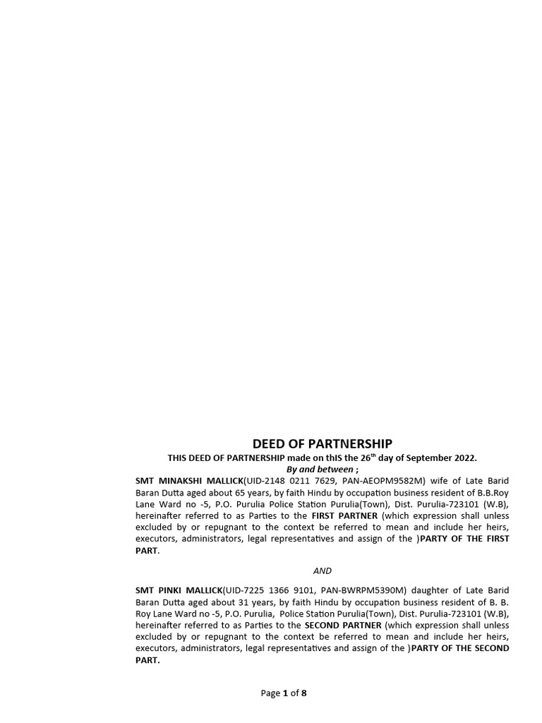 Deed of Partnership Minakshi Mallick | PDF | Partnership | Banks
