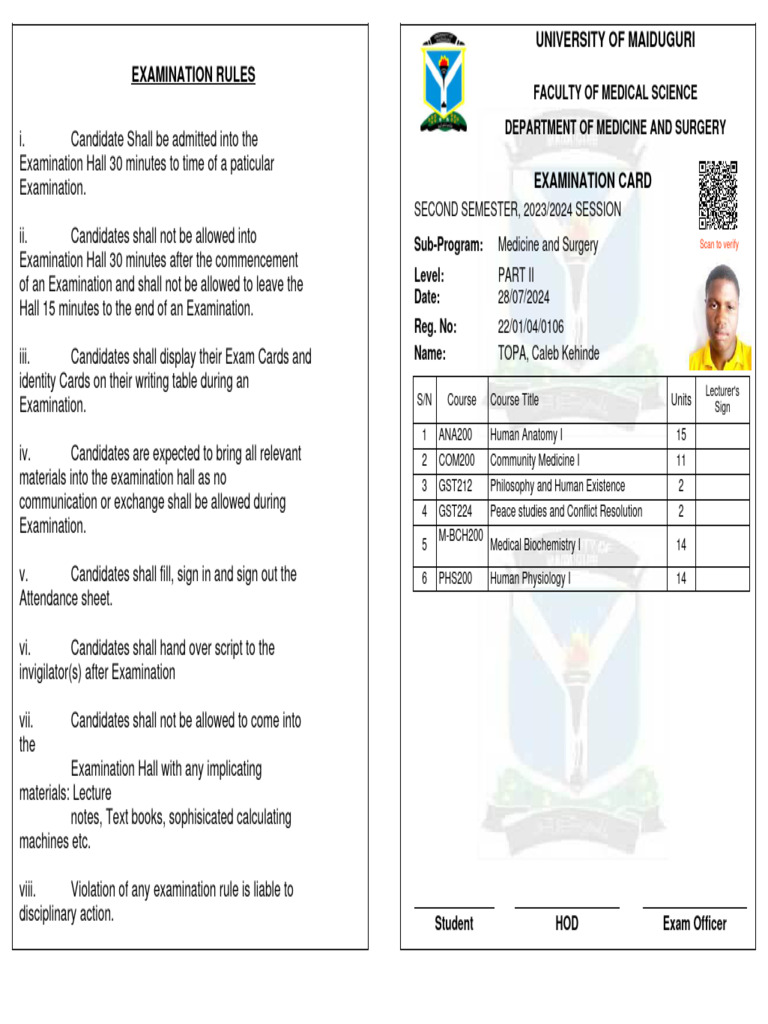 Exam Card - SECOND SEMESTER, 2023 - 2024 | PDF | Medicine