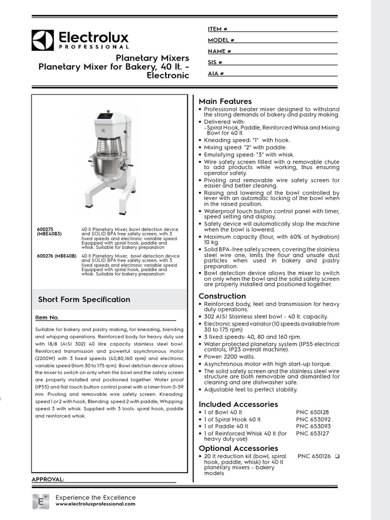 Planetary Mixer - Bakery 40 Lt. - Electronic - 600275-600276 | PDF ...