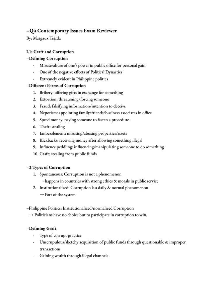 G10 Contemporary Issues Reviewer | PDF | Corruption | Political Corruption
