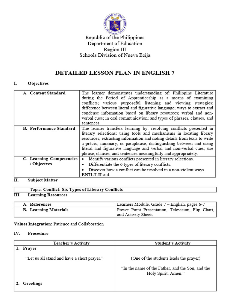 Detailed Lesson Plan in English 7 | PDF | Learning | Lesson Plan