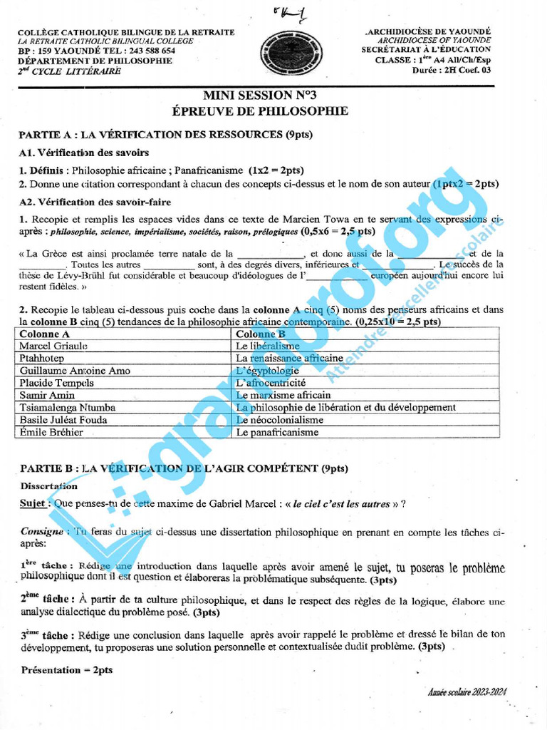 Philosophie 1erea Evaluation3 College Retraite Janvier 2024 | PDF