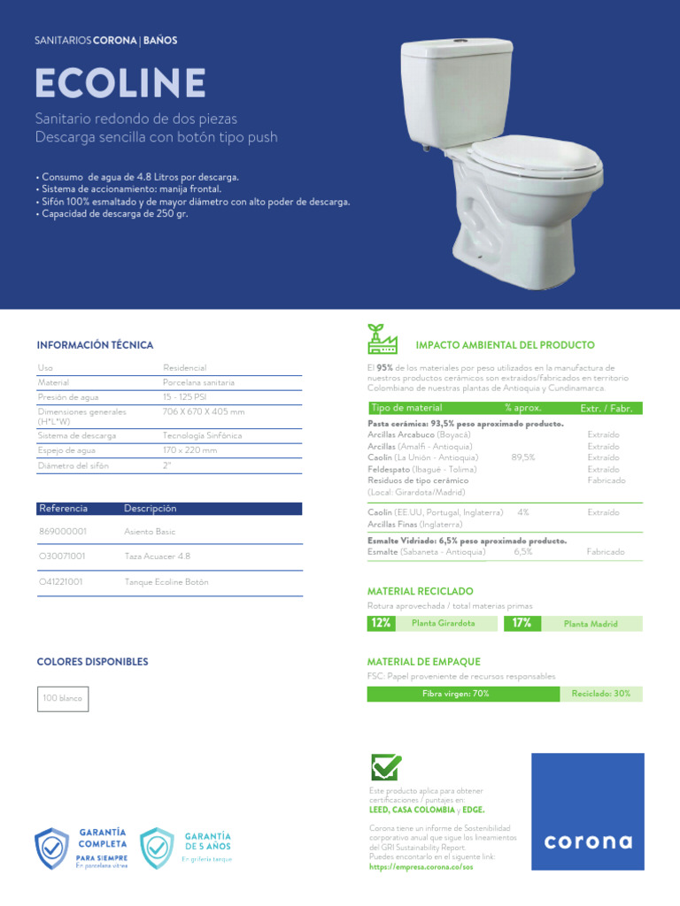 Ficha Técnica Ecoline (Taza Acuacer-Tanque Ecoline) | PDF | Materiales