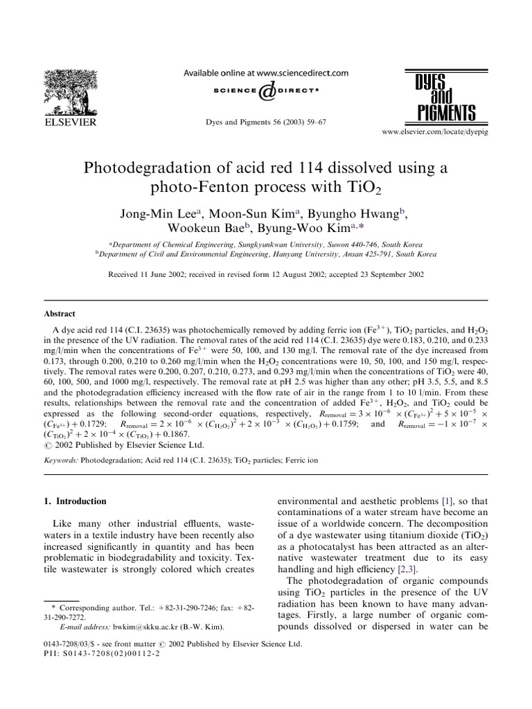 Photodegradation of Acid Red 114 Dissolved Using A PhotoFenton Process ...