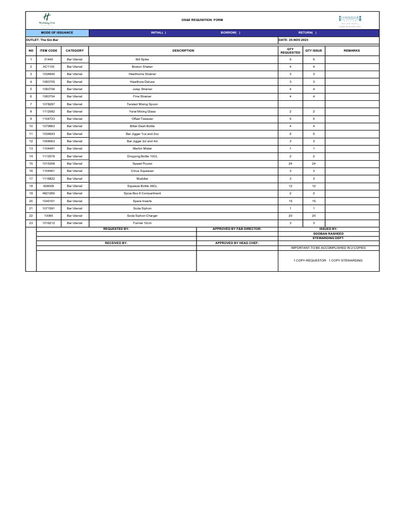 Bar Utensil Ose Requisition Form | PDF