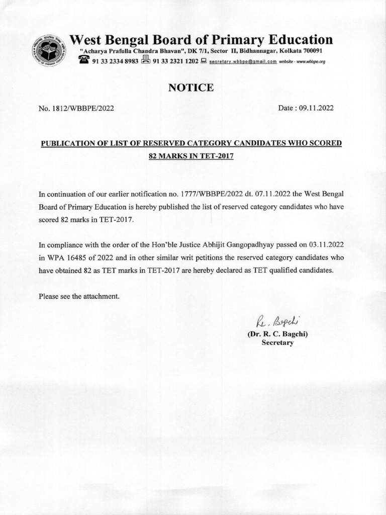 Notice - List of Candidates Who Scored 82 Marks in Tet-2017 - 0001 | PDF