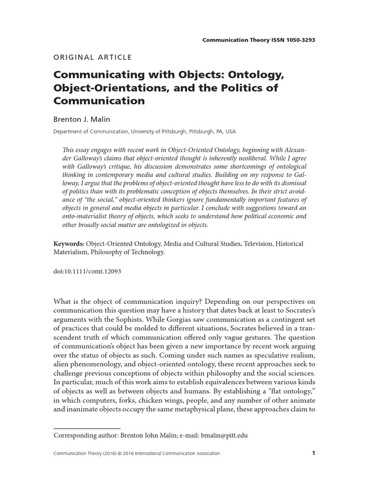 Communicating With Objects - Ontology, Object-Orientations, and The Politics of Communication ...