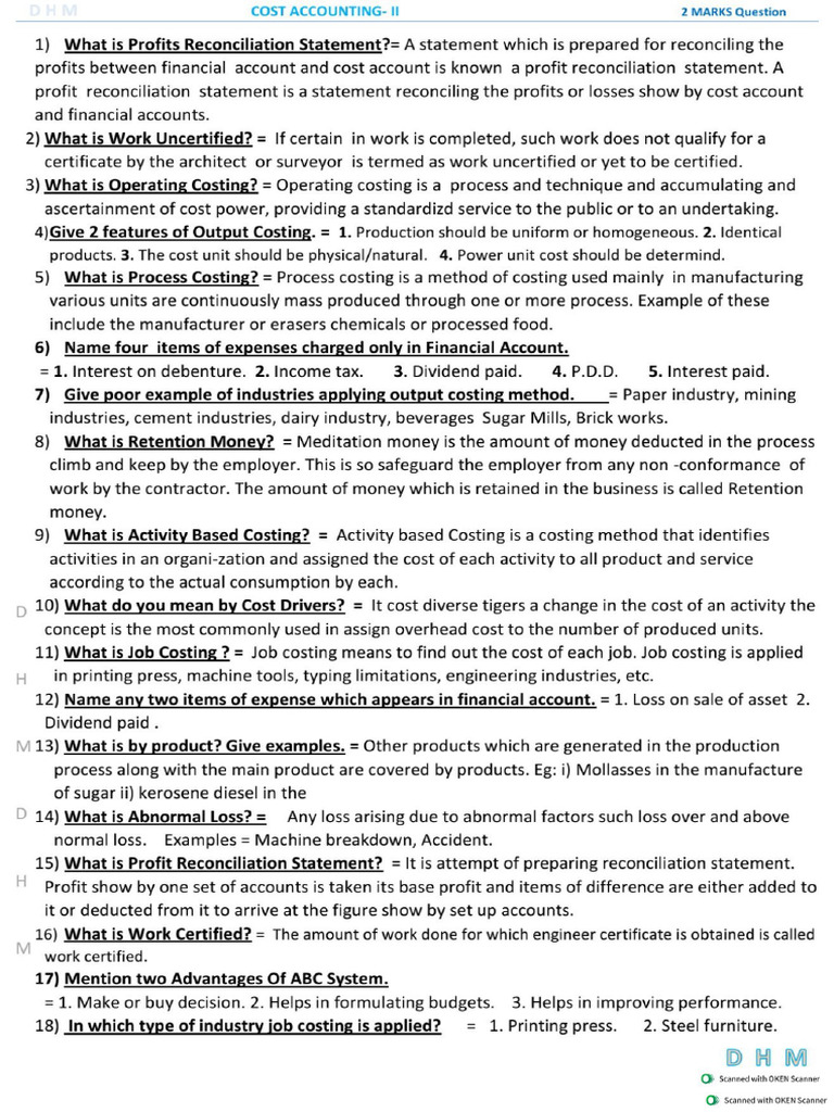 Cost Accounting II 2marks Question and Answer | PDF