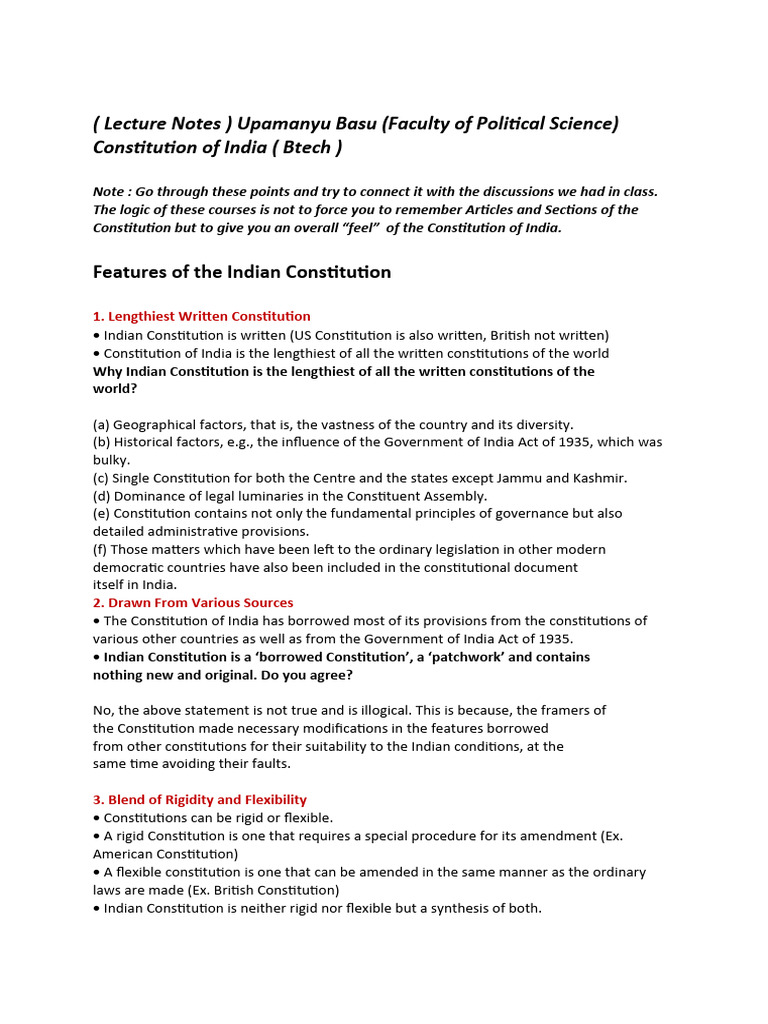 Lecture Note 1 (Features) UB Btech | PDF | Constitution | Public Law